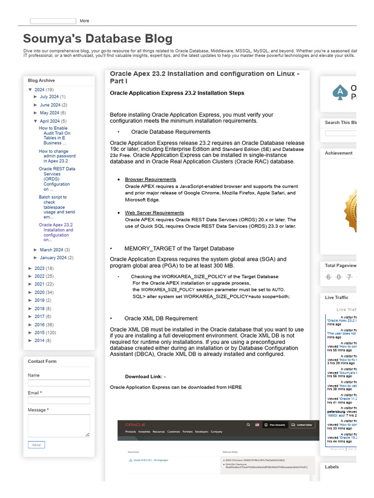 Soumya's Database Blog - Oracle Apex 23.2 Installation and Configuration On Linux - Part I | PDF ...