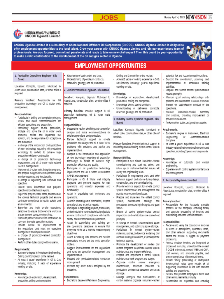 CNOOC Uganda Job Opportunities 2025 | PDF | Oil Well | Petroleum Reservoir