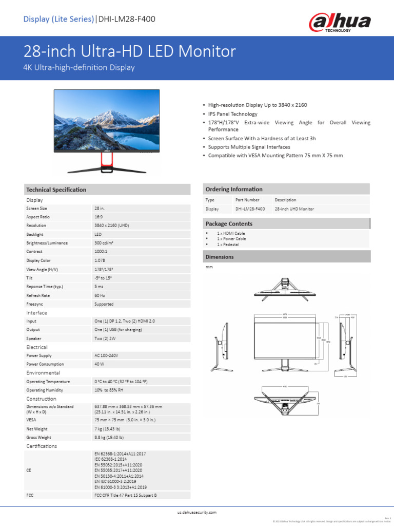 Datasheet DHI-LM28-F400 Final | PDF | Computer Monitor | Hdmi