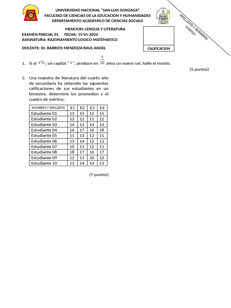 Primer Parcial de Razonamiento Logico Matematico | PDF