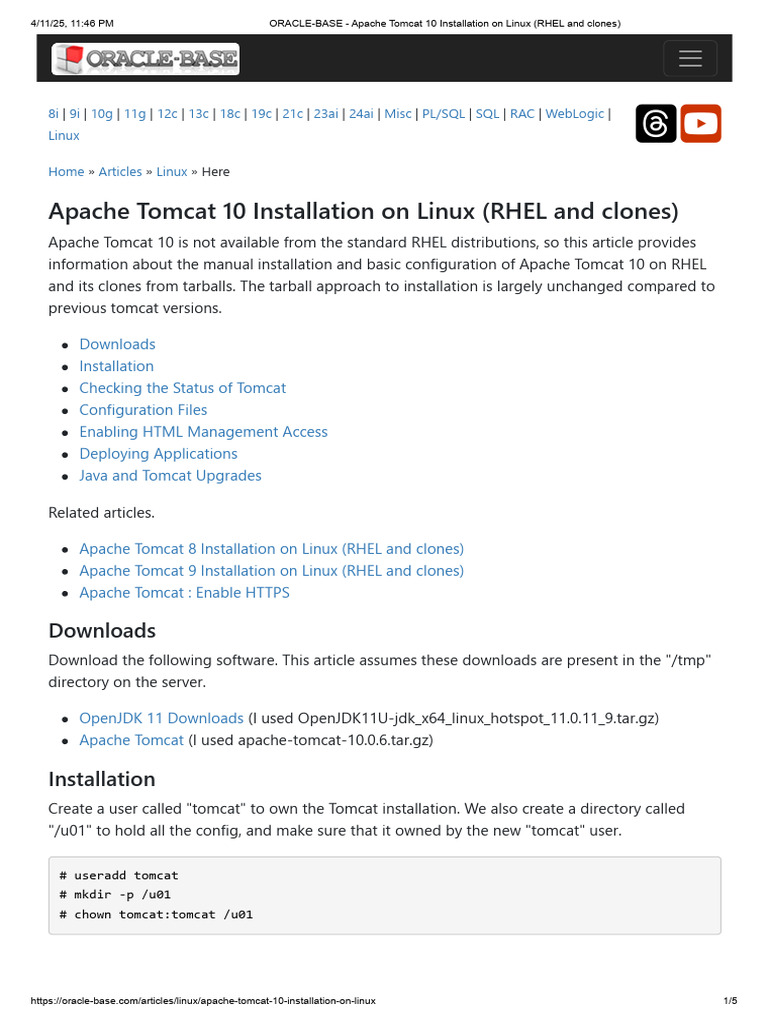 ORACLE-BASE - Apache Tomcat 10 Installation on Linux (RHEL and clones) | PDF | Java (Programming ...