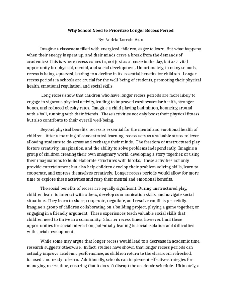 Why School Need to Prioritize Longer Recess Period 2 | PDF | Social ...