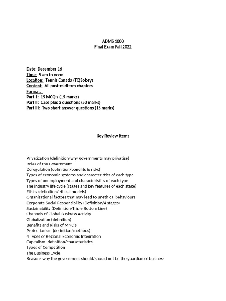 ADMS 1000 Final Exam Details and Review List Fall 2022 | PDF