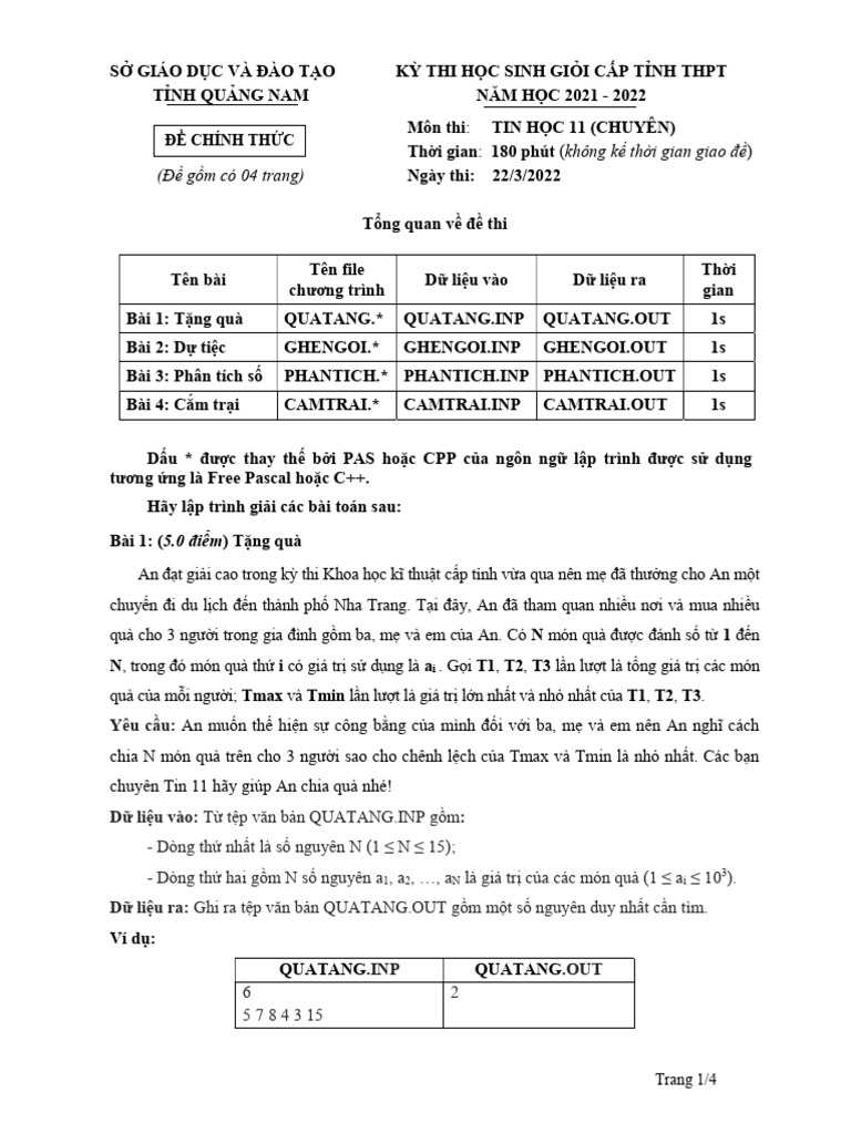 De Thi HSG Tin 11 Quang Nam 21 22 | PDF