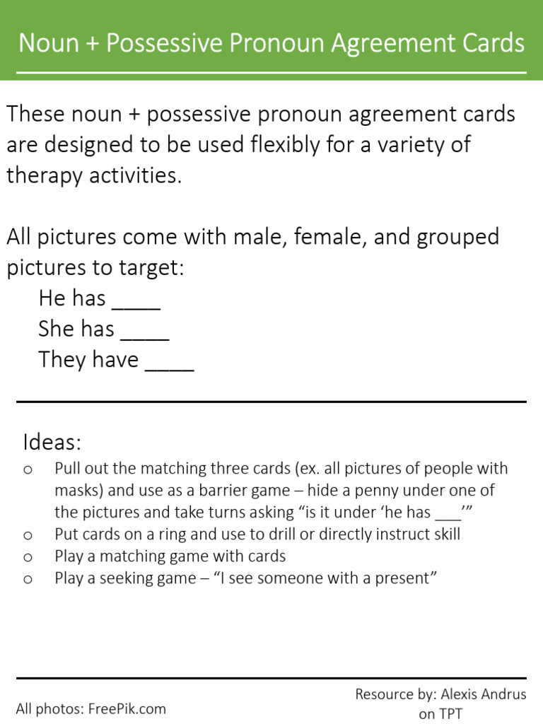 Noun + Possessive Pronoun Agreement Cards: Resource By: Alexis Andrus ...