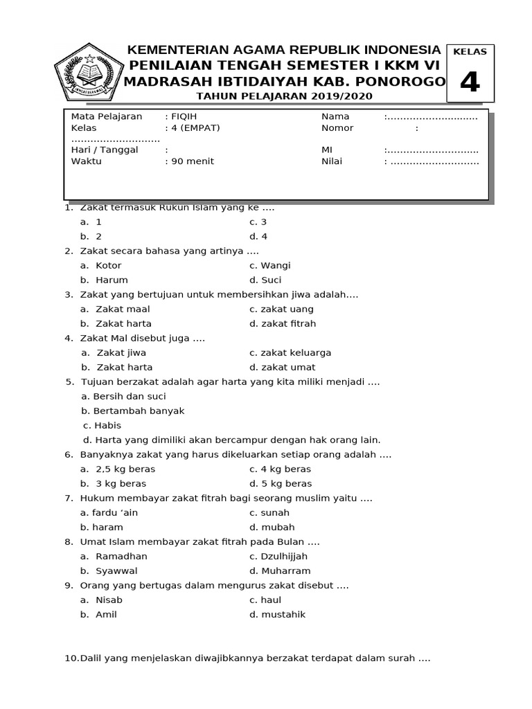 SOAL PTS FIQIH KELAS 4 2019 2020 GANJIL Recov | PDF