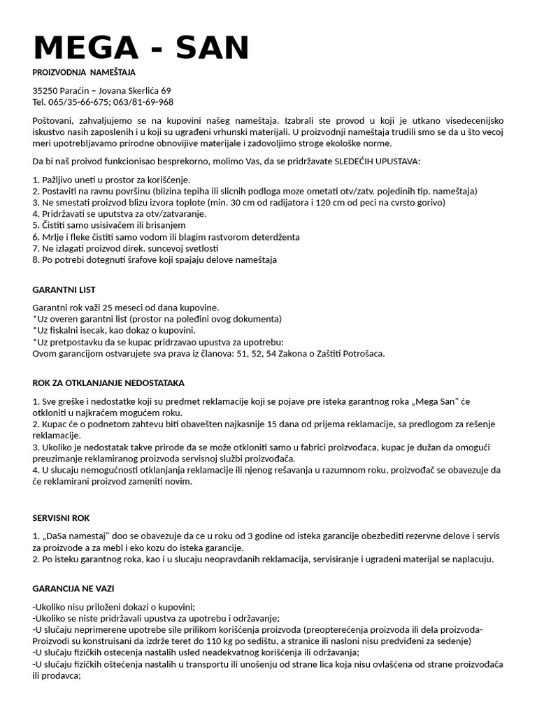 Garantni List Mega San | PDF