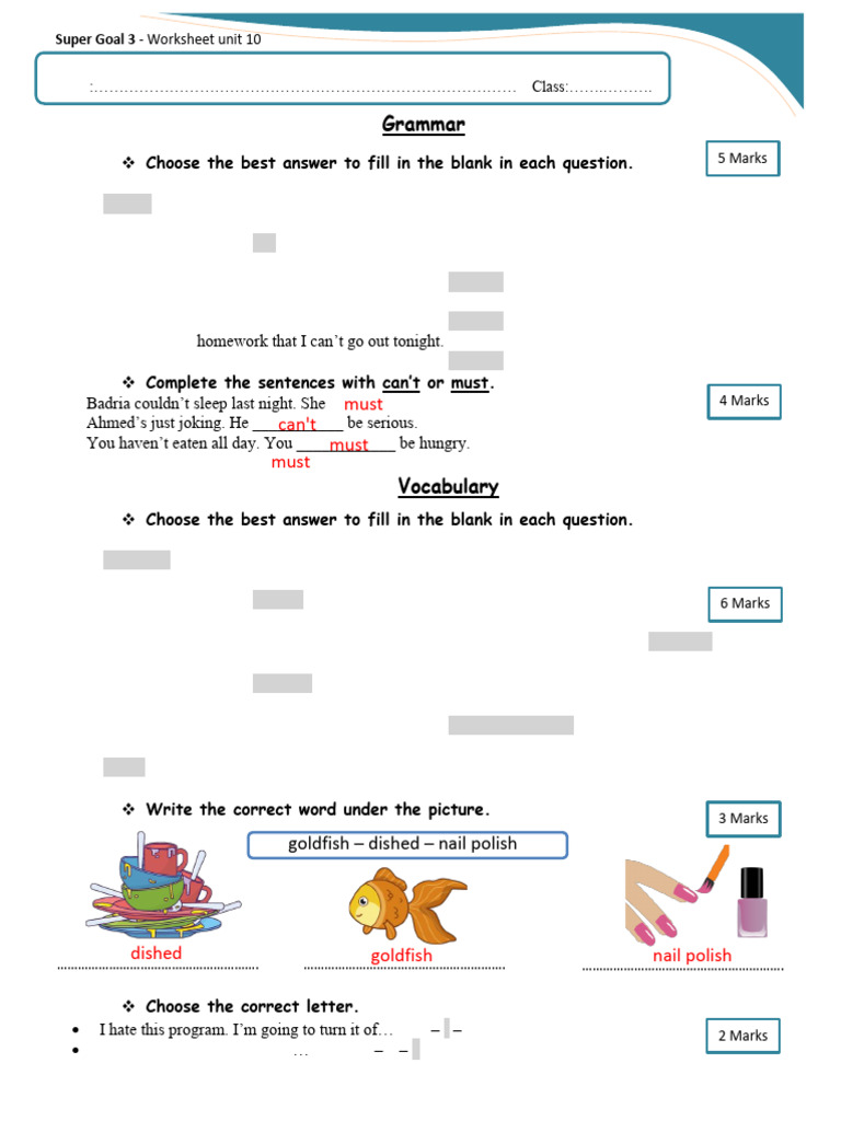 Super Goal 3 - Worksheet Unit 10 - Answers | PDF