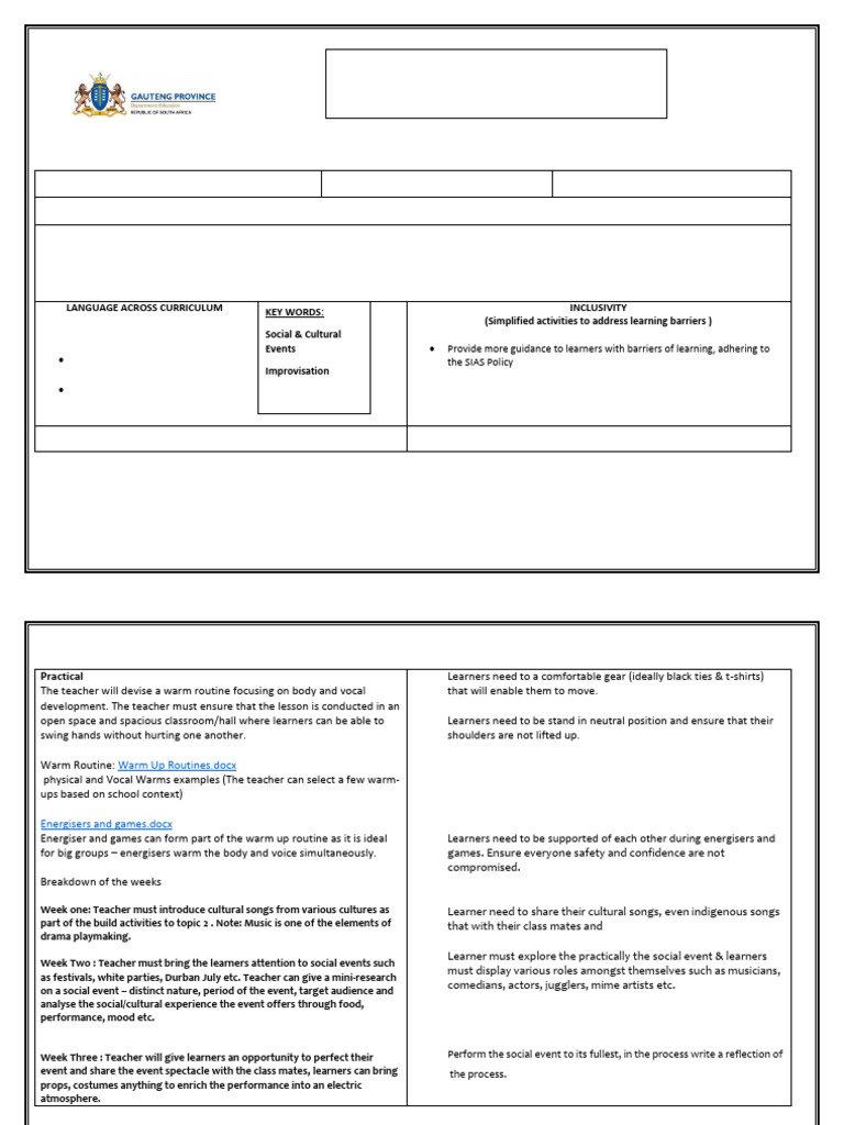 DRAMA GR 7 TERM 3 Week 4-6 LESSON PLAN 2020 | PDF | Lesson Plan | Teachers