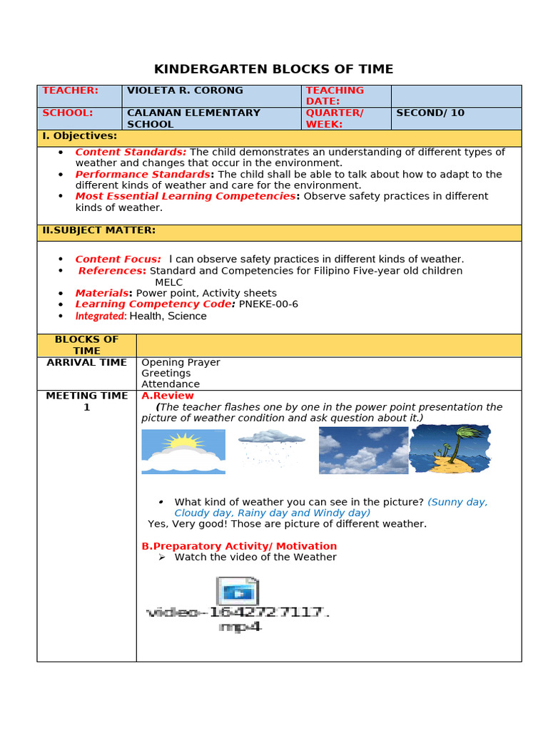 Kindergarten Weather Safety Lesson Plan | PDF