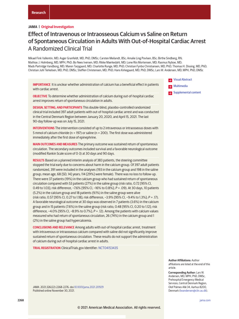 Effect of Intravenous or Intraosseous Calcium Vs Saline On Return | PDF ...