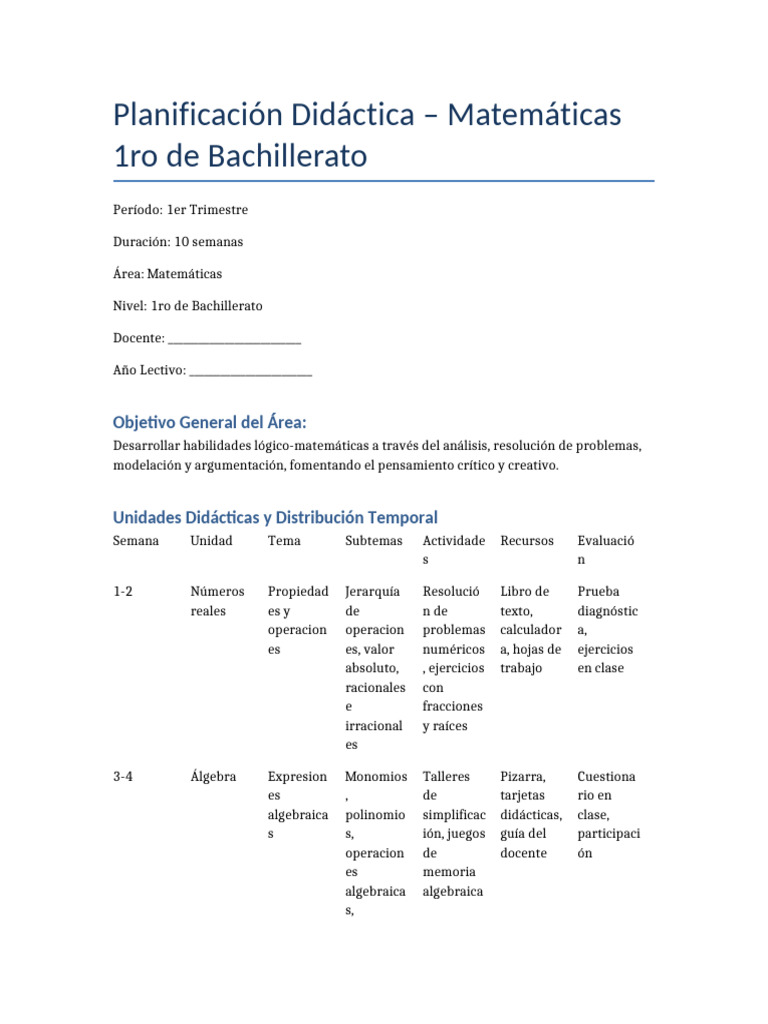 Planificación Matemáticas 1ro Bachillerato | PDF | Matemáticas