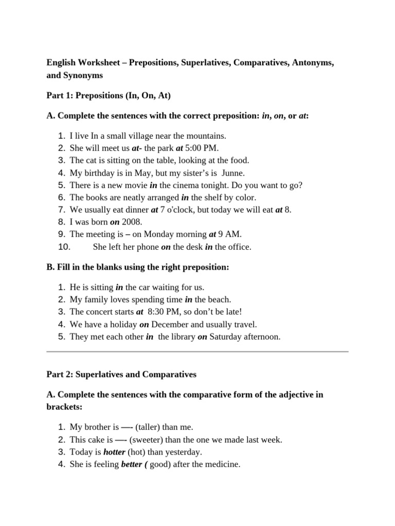 English Worksheet – Prepositions, Superlatives, Comparatives, Antonyms ...