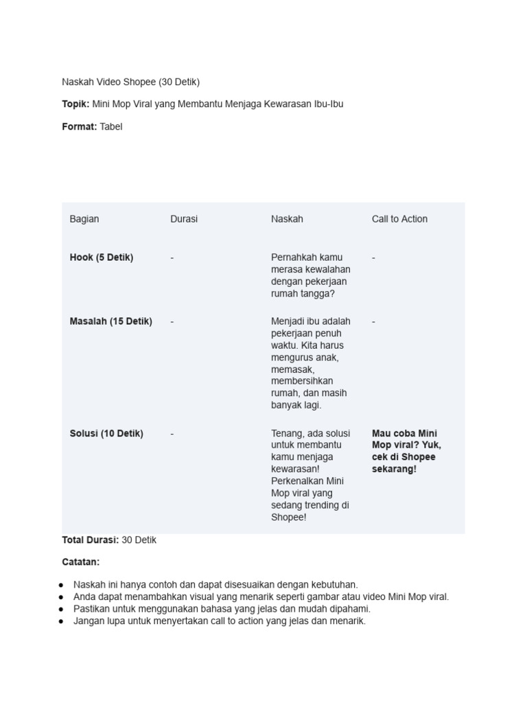 Buat Naskah Dalam Bentuk Tabel. Naskah Untuk Vide... | PDF