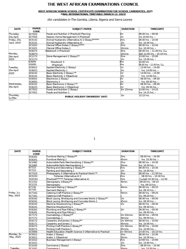 FINAL INTERNATIONAL TIMETABLE - WASSCE (SC) 2025 | PDF | Plumbing
