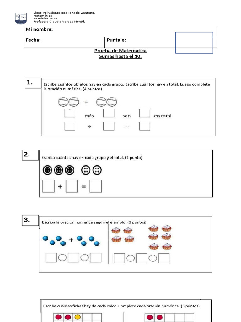 Prueba Sumas Hasta El 10 1° Básico | PDF