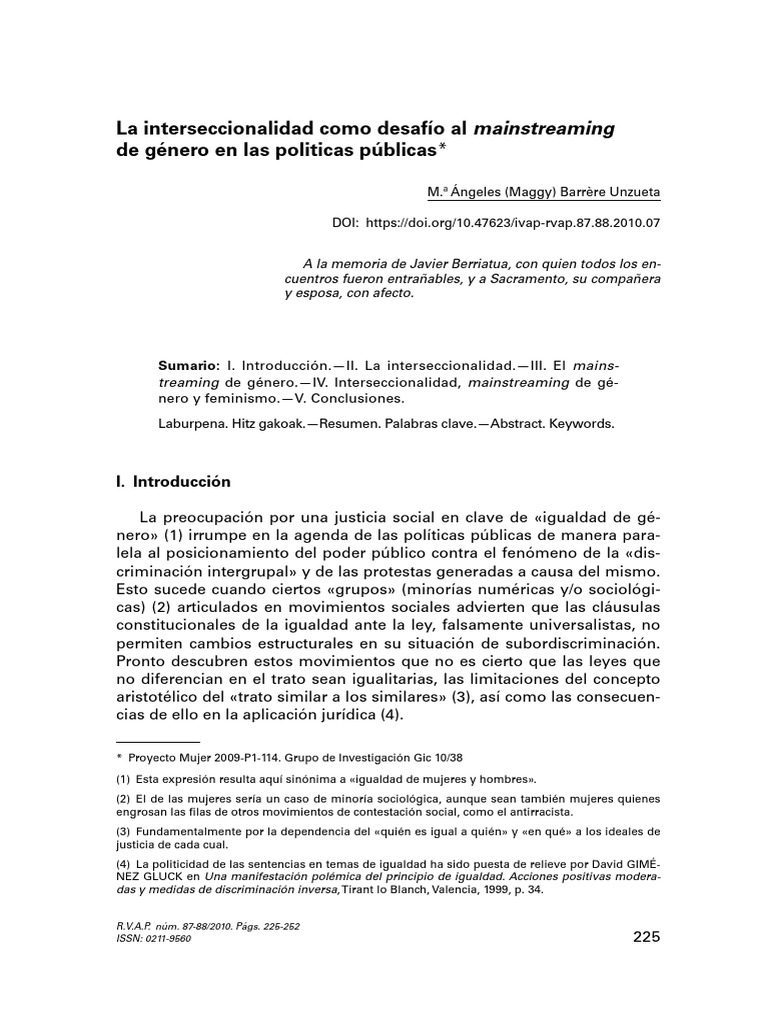 Barrere Unzueta, María Angeles. 2010. La Interseccionalidad Como Desafío Al Mainstreaming de ...