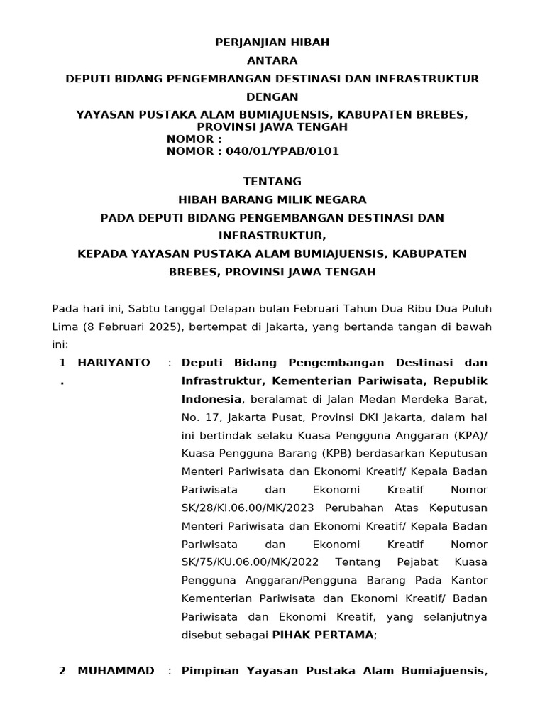 Perjanjian Hibah Kementerian Pariwisata | PDF