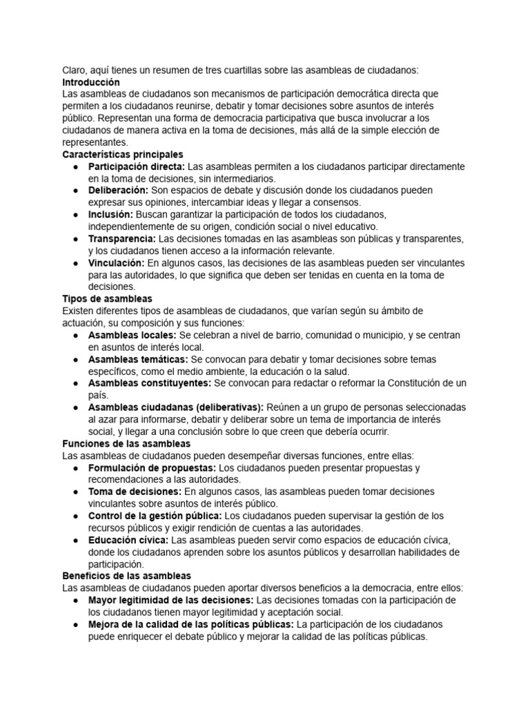 Resumen de Tres Cuartillas de Asamblea de Ciudadan... | PDF ...
