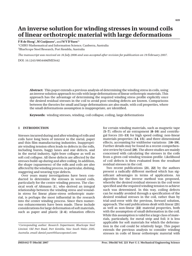 De Hoog, Cozijnsen, Yuen - 2007 - An Inverse Solution For Winding Stresses in Wound Coils of ...