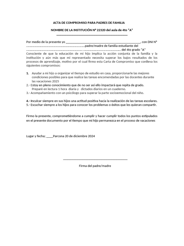 Modelo de actas de compromiso para padres de familia (1) | PDF