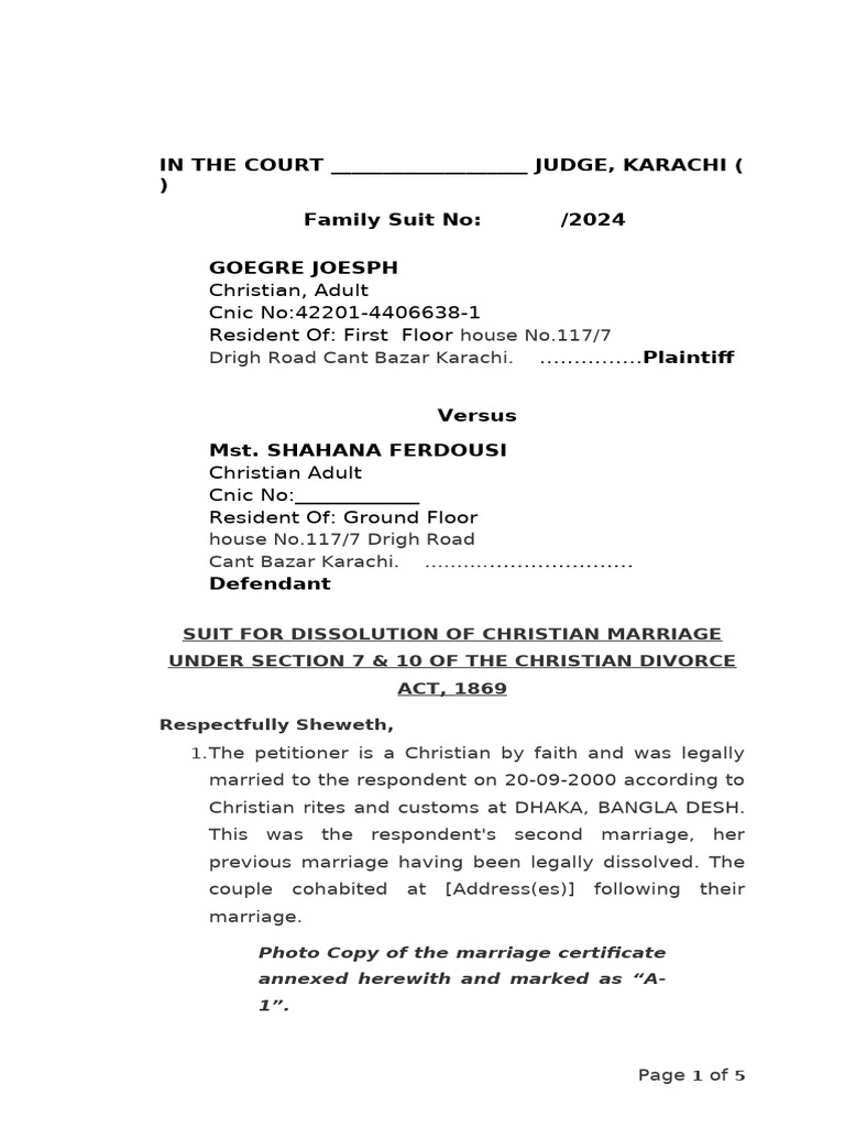 Suit For Dissolution of Christian Marriage Under Section 7 | PDF | Divorce | Marriage