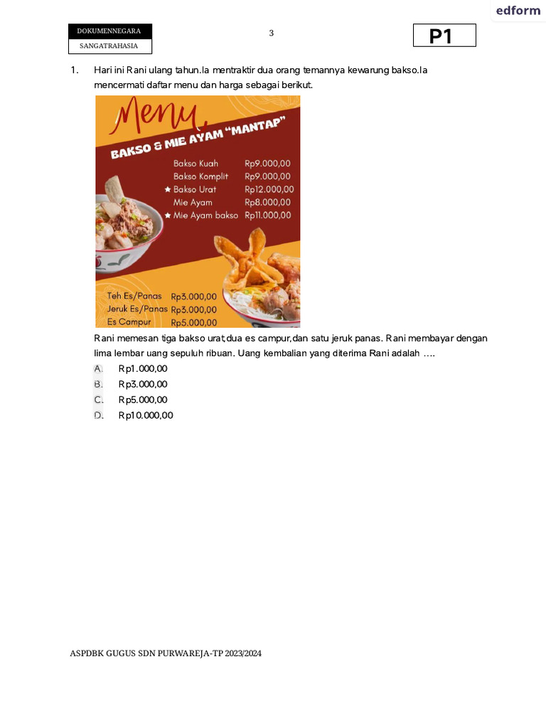 Print Soal Try Out Literasi Numerasi Paket 1 TK Gugus | PDF