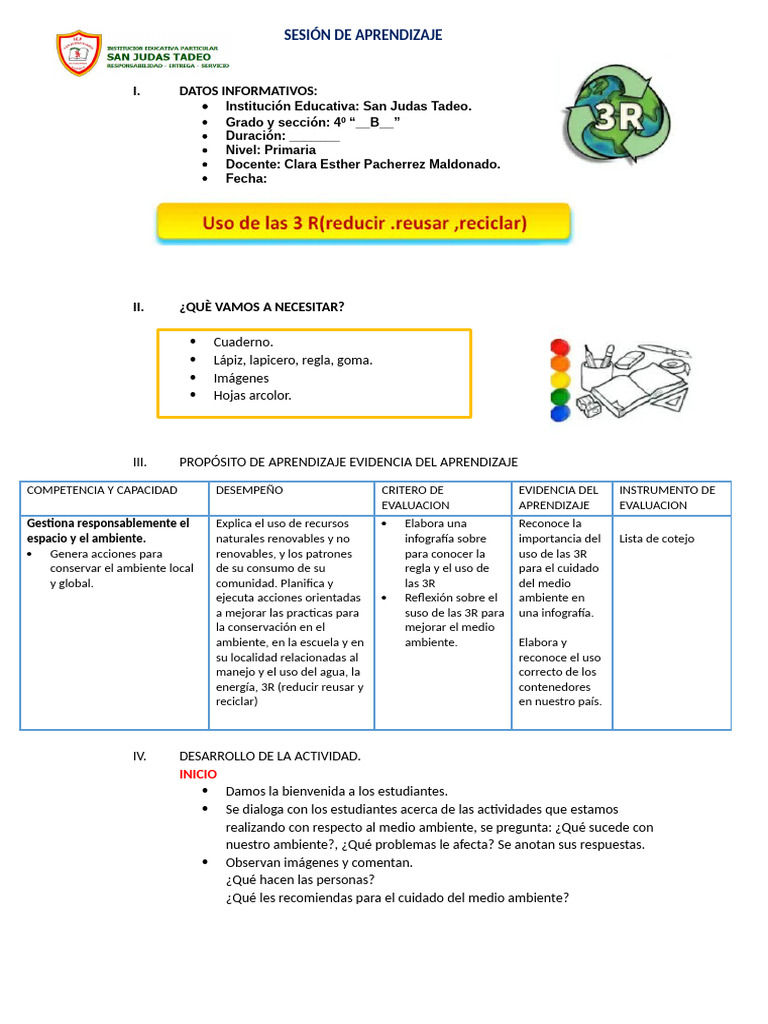 SESIÓN DE APRENDIZAJE SOBRE LAS 3R Sede Pampas | PDF | Evaluación ...