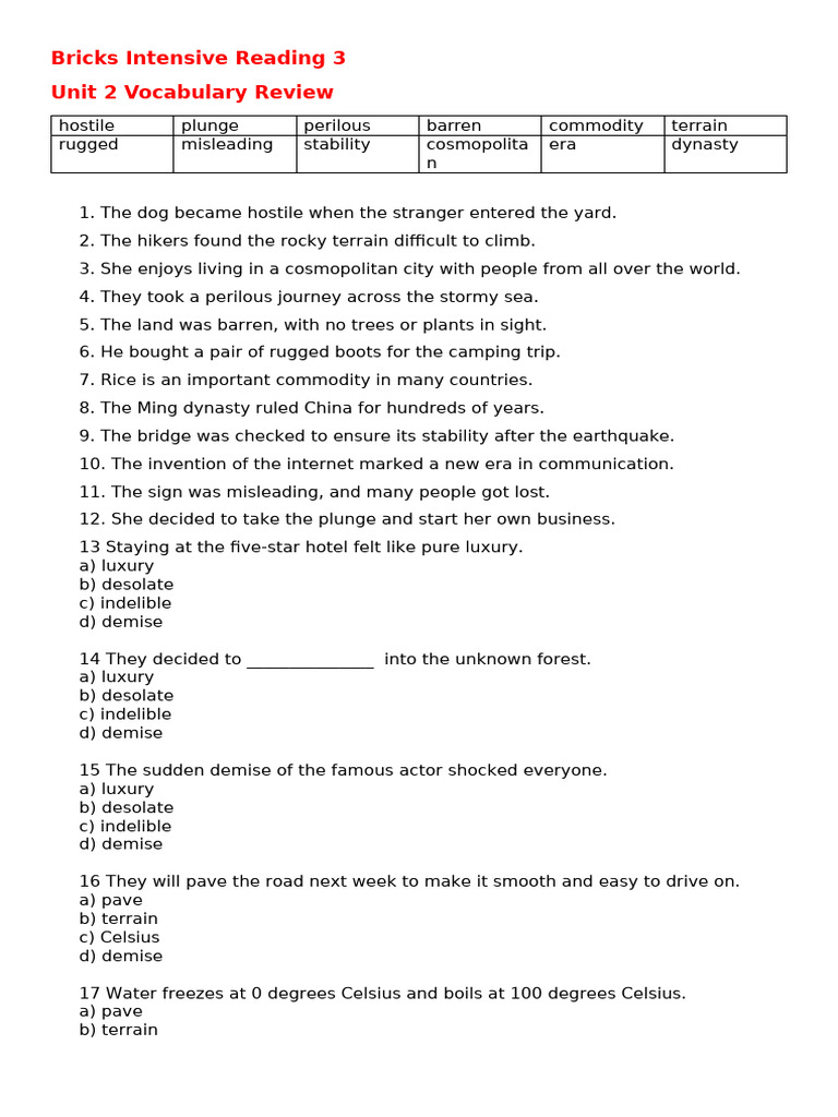 Bricks Intensive Reading 3 Unit 2 TEST AK | PDF