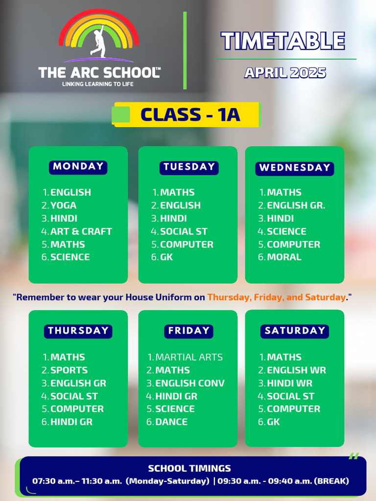 CLASS ROUTINE APRIL 2025 - Class 1A | PDF