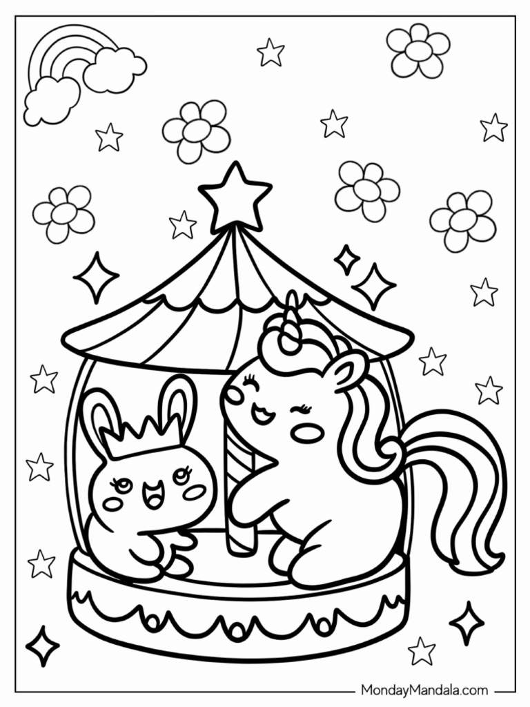 Chibi Unicorn and Rabbit in A Carousel Coloring Sheet For Kids | PDF
