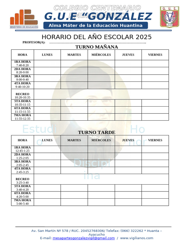 Horario Escolar Colegio Centenario 2025 | PDF