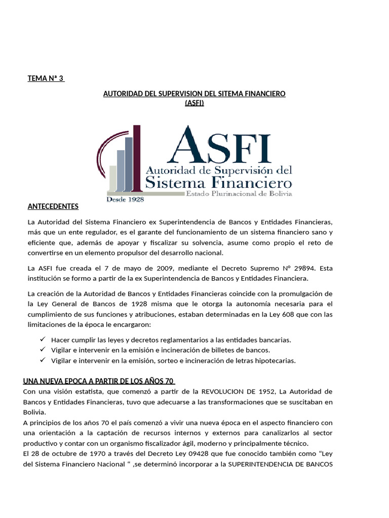 Tema #3 Asfi | PDF | Sistema financiero | Bancos