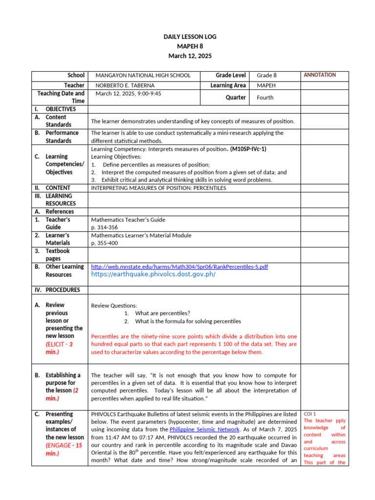 MAPEH 8 Q4 Lesson Plan For CO Final With Annotation 4 | PDF | Moment Magnitude Scale | Earthquakes