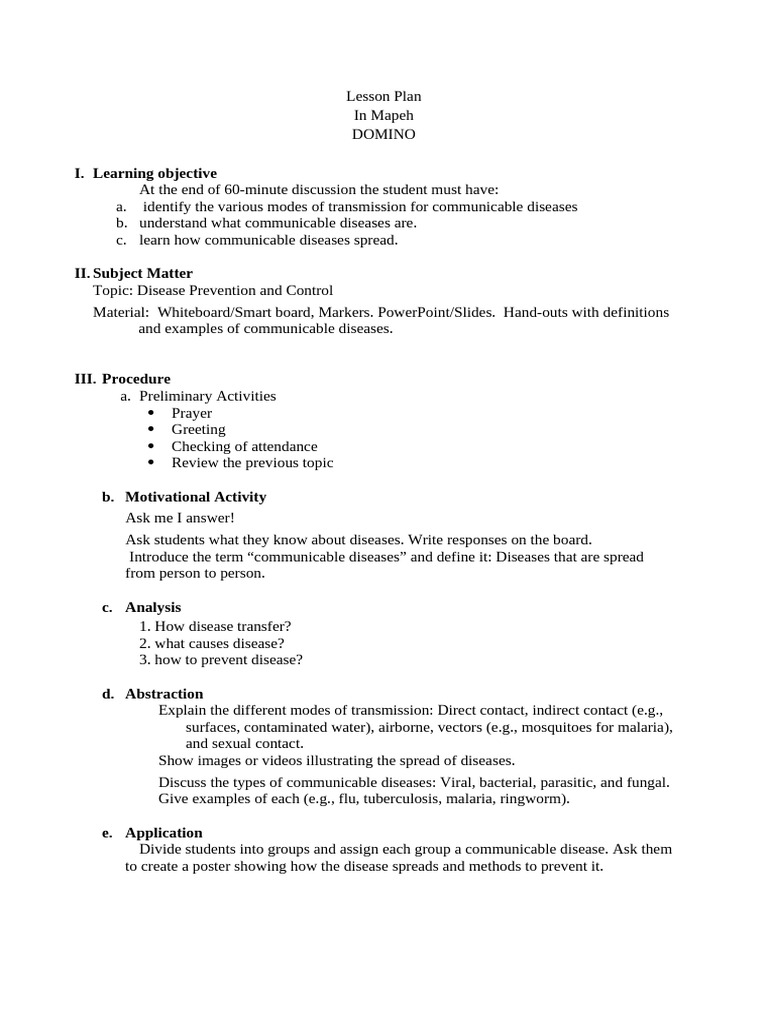 Communicable Diseases Lesson Plan | PDF