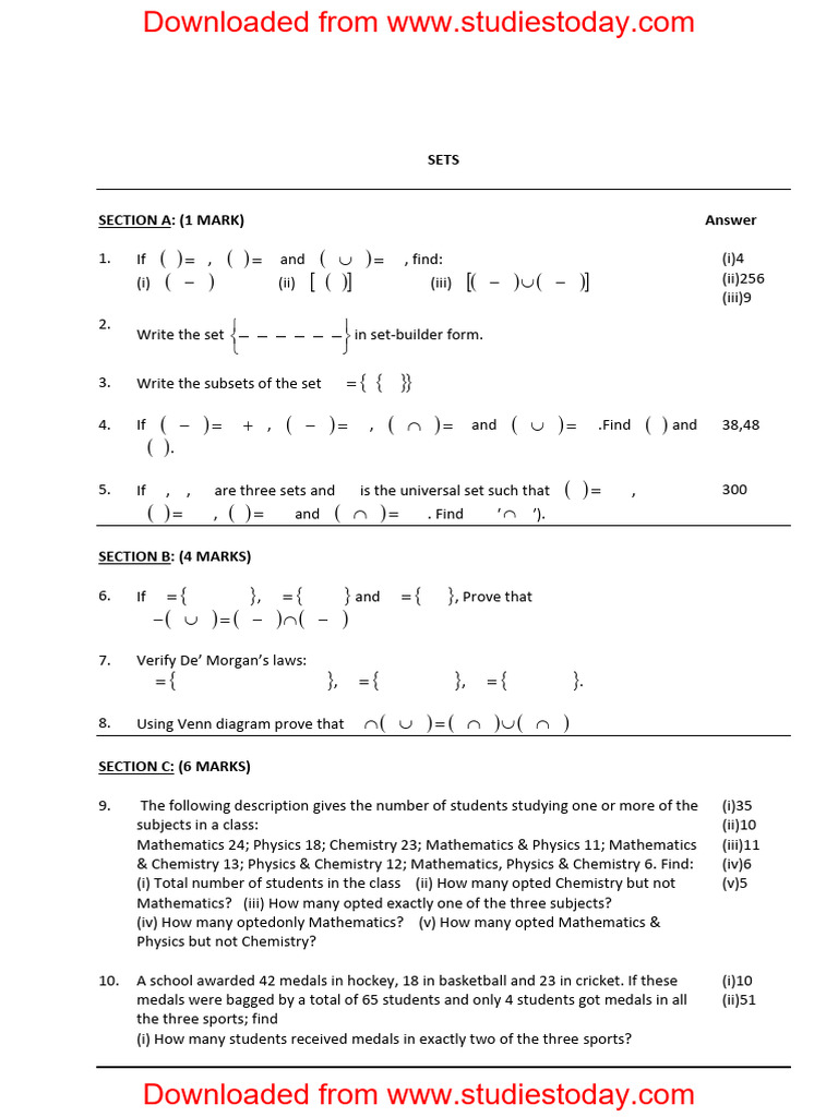 CBSE Class 11 Mathematics Worksheet Set Theory 2 | PDF | Physics | Mathematics