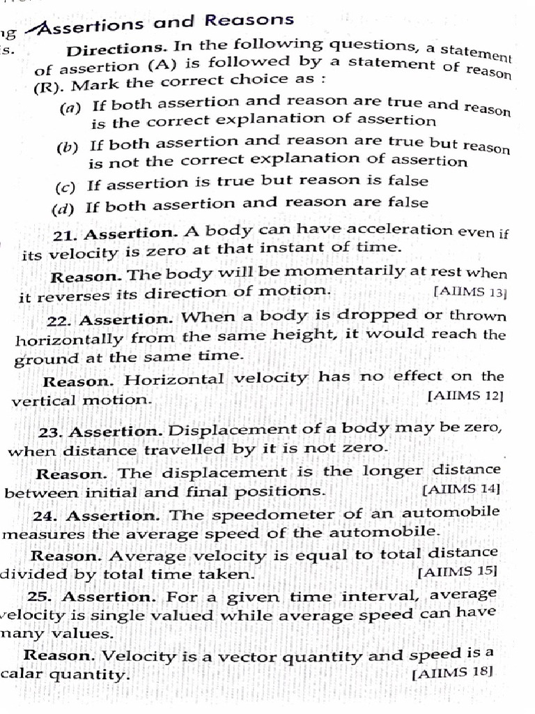 Assertion and Reasons Questions - Motion | PDF