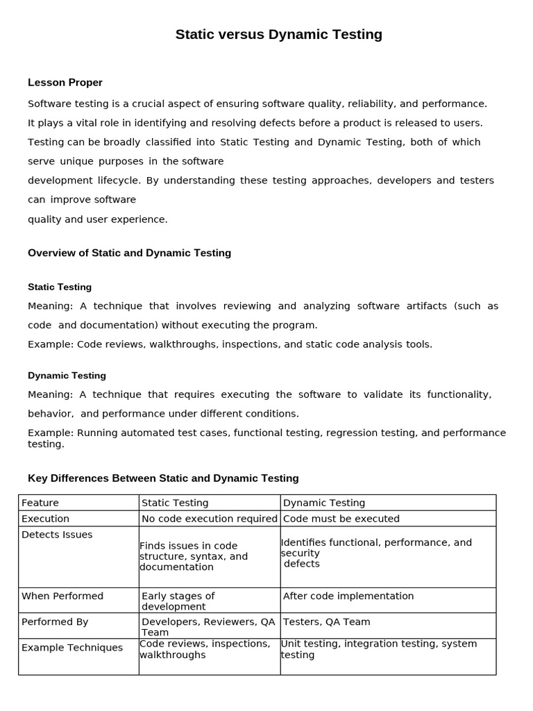 Static Vs Dynamic Testing | PDF | Software Testing | Software Development