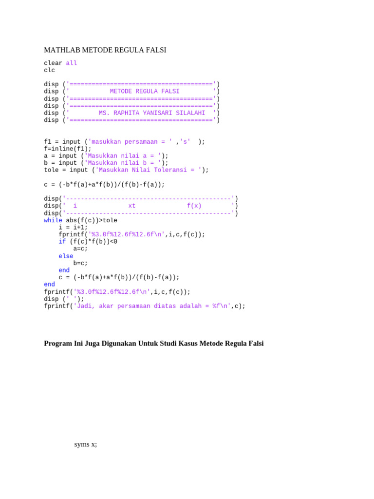 Matlab Metode Regula Falsi | PDF