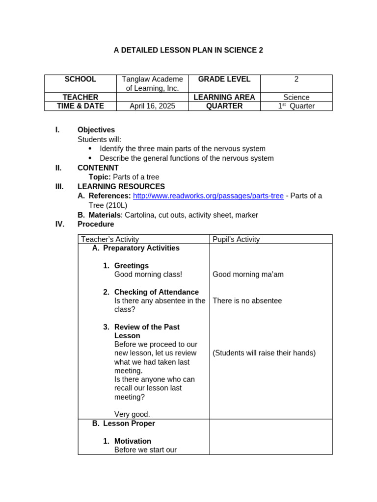 Grade 2 Science Lesson Plan: Nervous System | PDF | Trees | Leaf