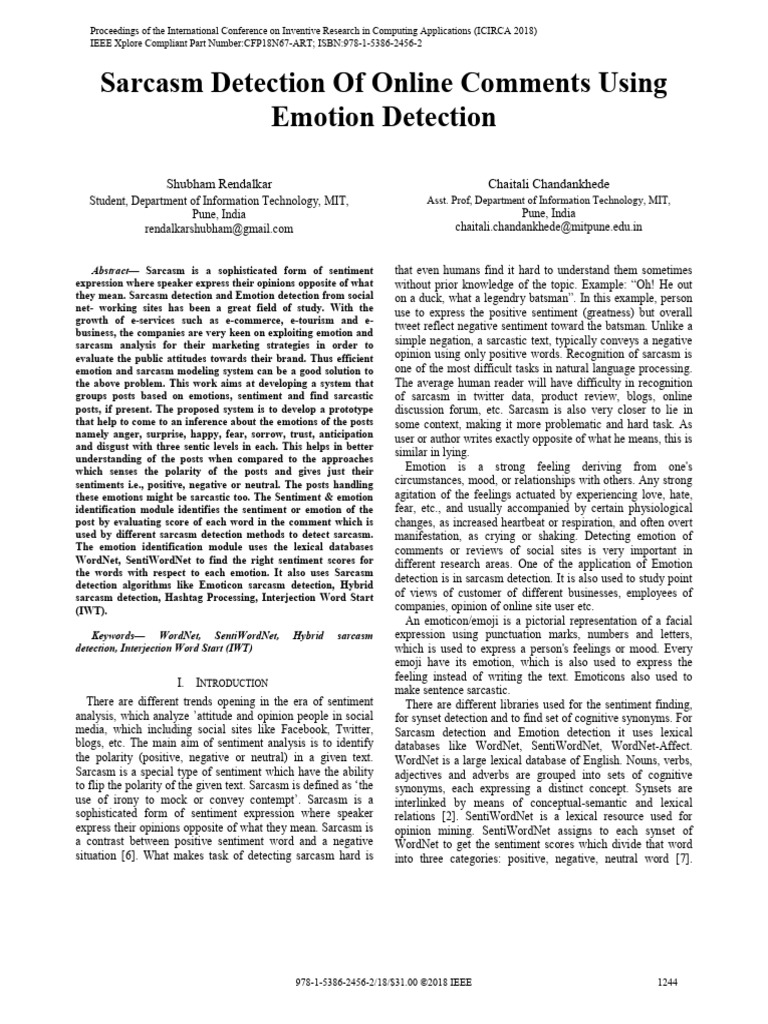 Sarcasm Detection Using Emotion Detection Pdf Part Of Speech Parsing