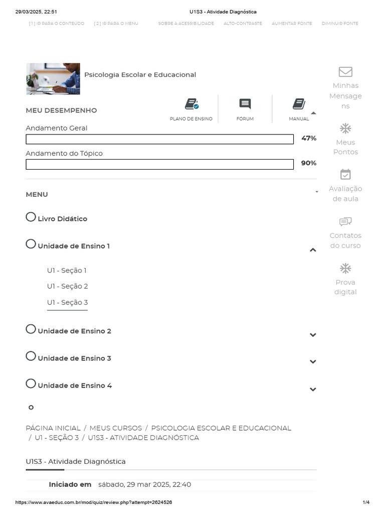 U1S3 - Atividade Diagnóstica - Psic Escolar e Educacional | PDF | Aprendizado | Psicologia
