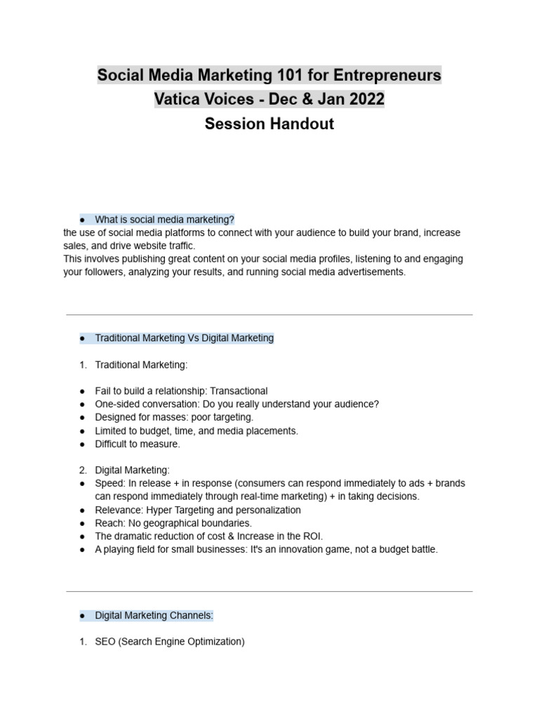 Social Media Marketing 101 For Entrepreneurs - Handout | PDF | Digital ...