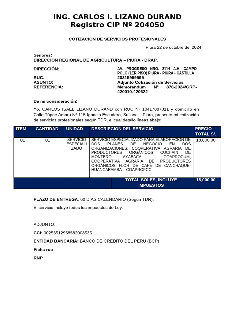 Cotizacion Carlos Lizano Durand | PDF | Bancario