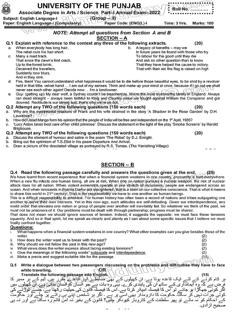 Past Paper 2022 Punjab University English Language I BA BSC Part I ...