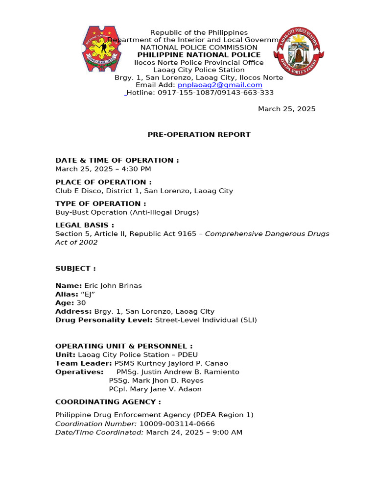 Pre Operational Report | PDF | Police | National Security