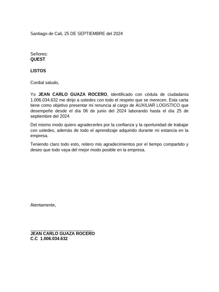 Renuncia de Jean Carlo Guaza Rocero | PDF