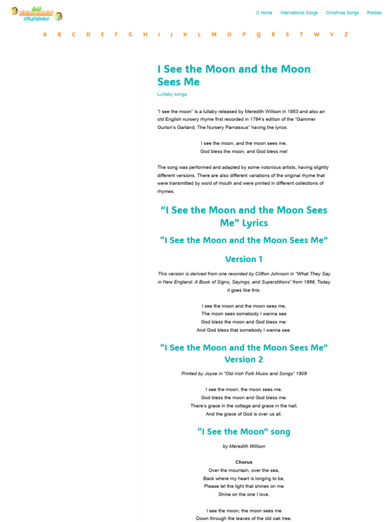 I See The Moon and The Moon Sees Me - Nursery Rhymes | PDF | Songs