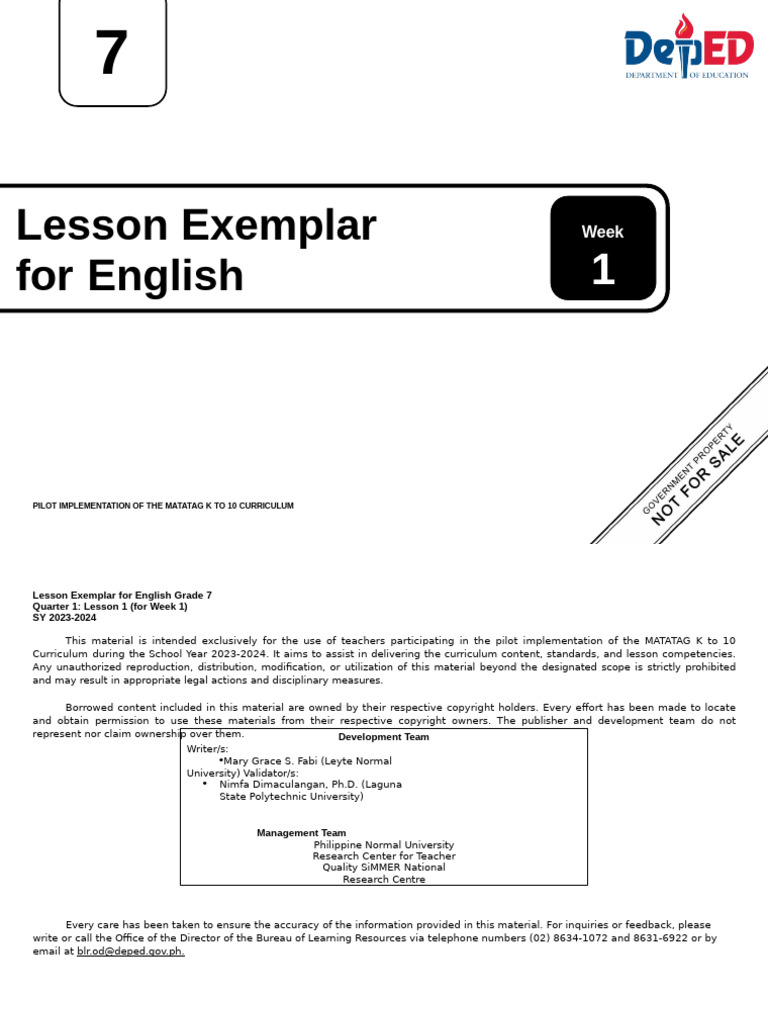 Lesson Exemplar - Q2 - English 7 - Week 1 - v.2 | PDF | Plot (Narrative ...