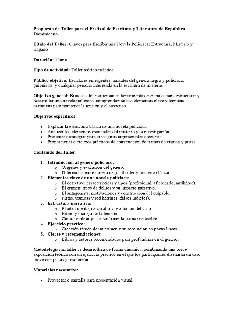 Propuesta de Taller 2 para el Festival de Escritura y Literatura de ...